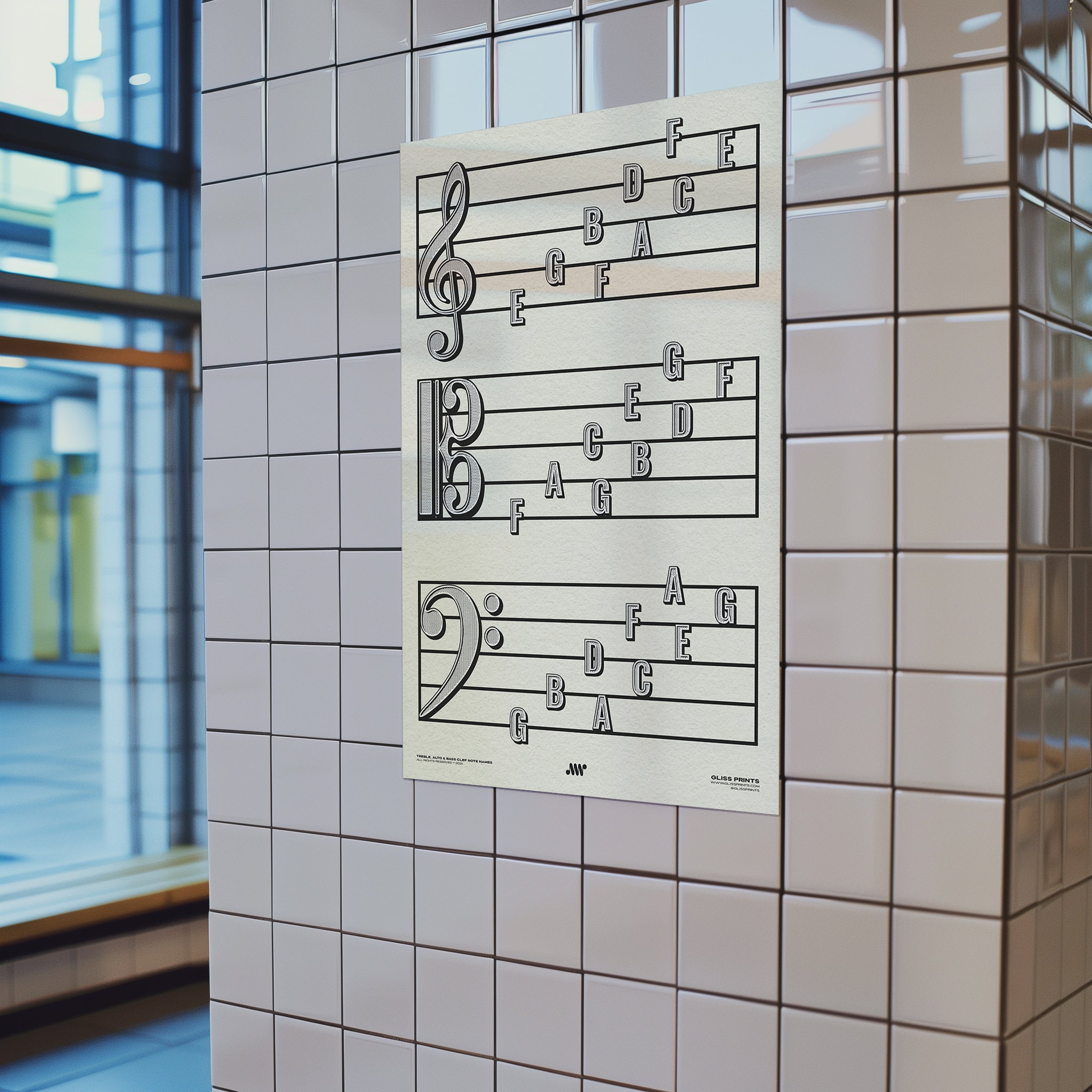 Treble Clef, Alto Clef, Bass Clef Note Names Poster, Cream – Gliss Prints