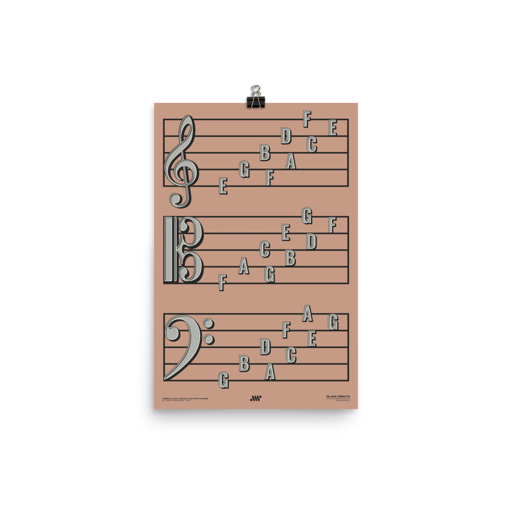 Treble Clef, Alto Clef, Bass Clef Note Names Poster, Pink – Gliss Prints