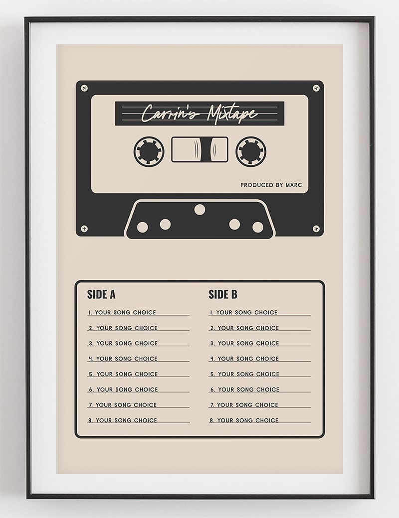Custom Mixtape Poster, Retro Cassette Tape Print, Cream – Gliss Prints